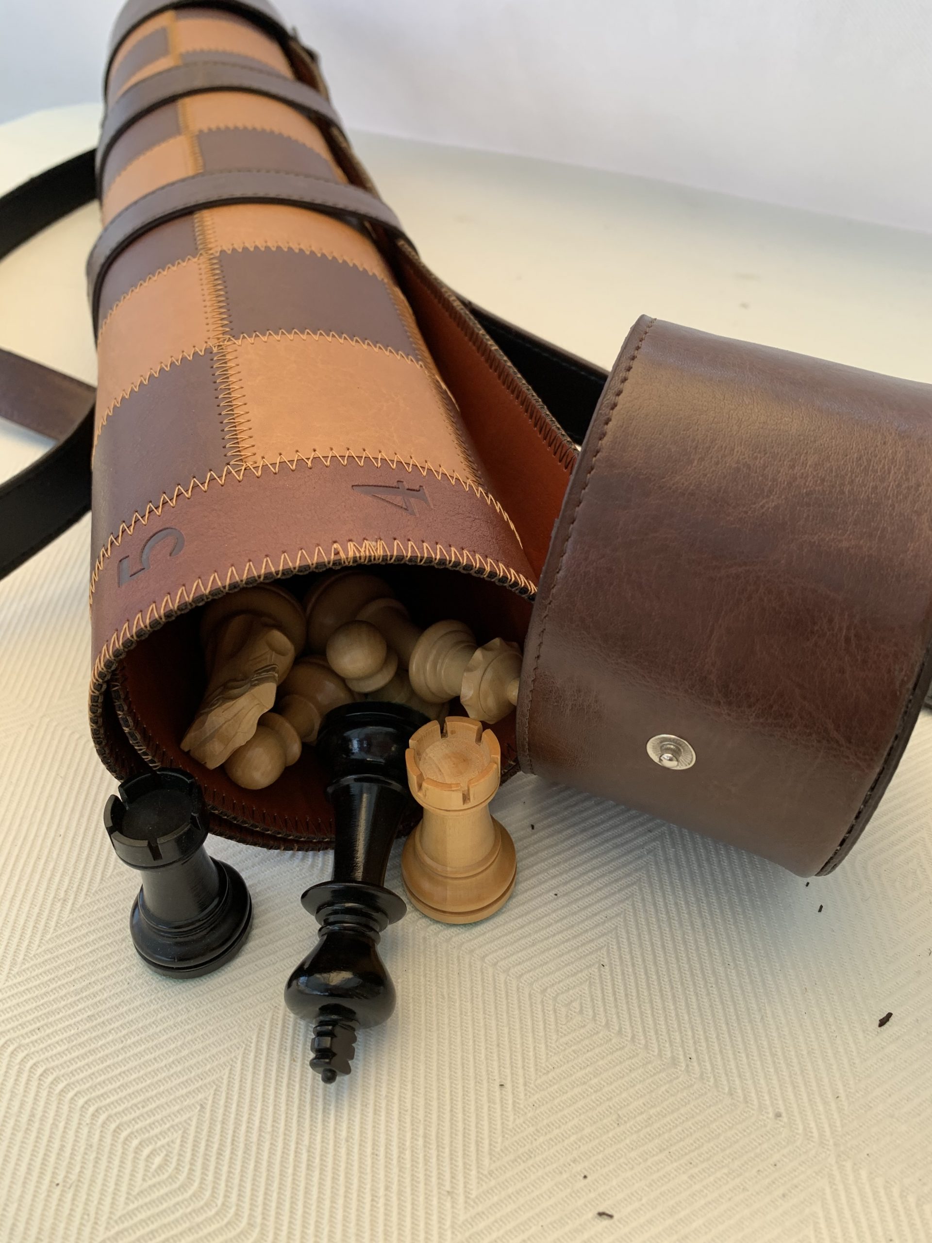 Rollup Thick Leather Chess Case, Mat and Weighted Chess Pieces ...
