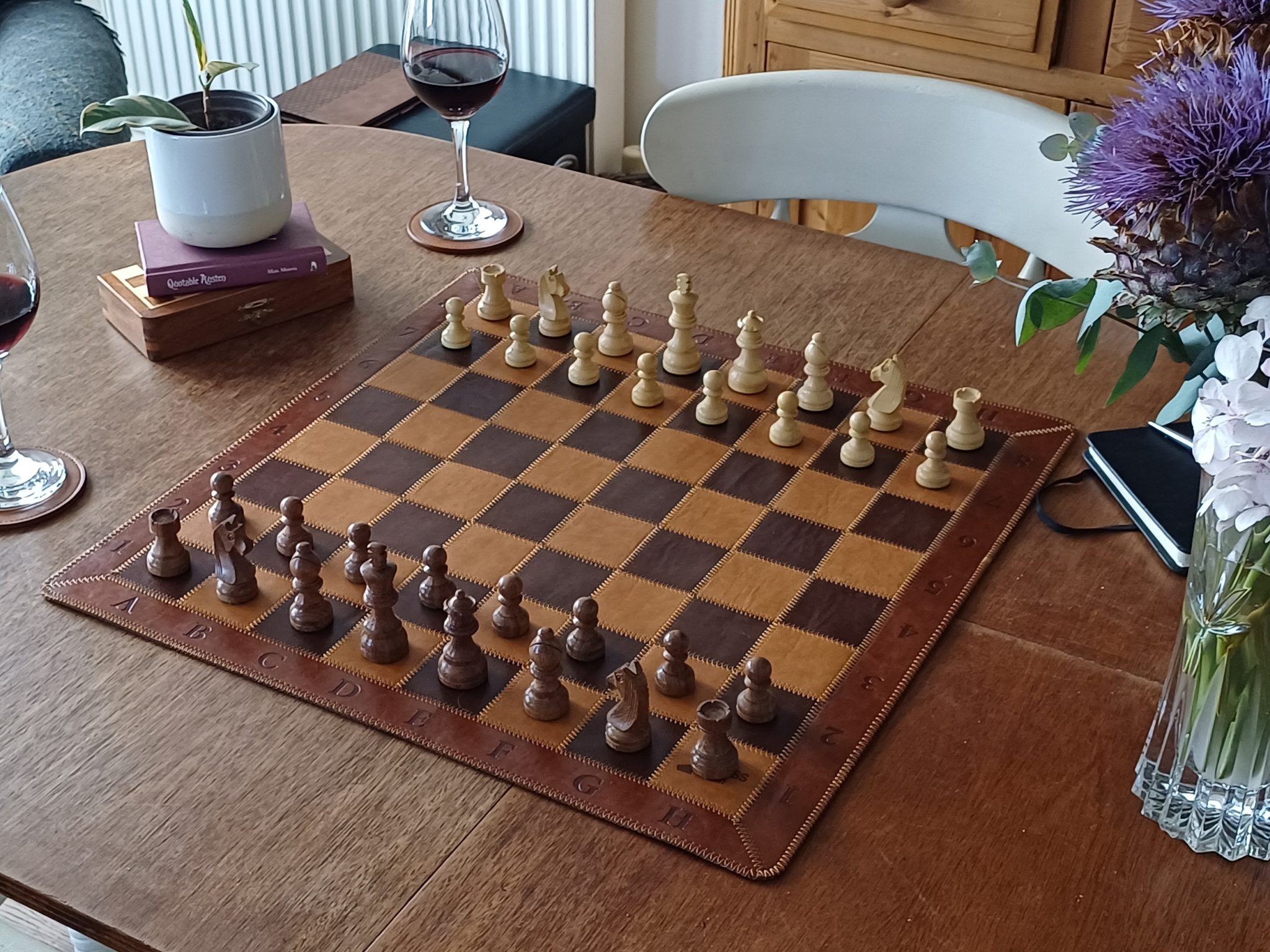 Thick Tan LEATHER Chess with Staunton Chess Pieces - ChessBaron Chess ...