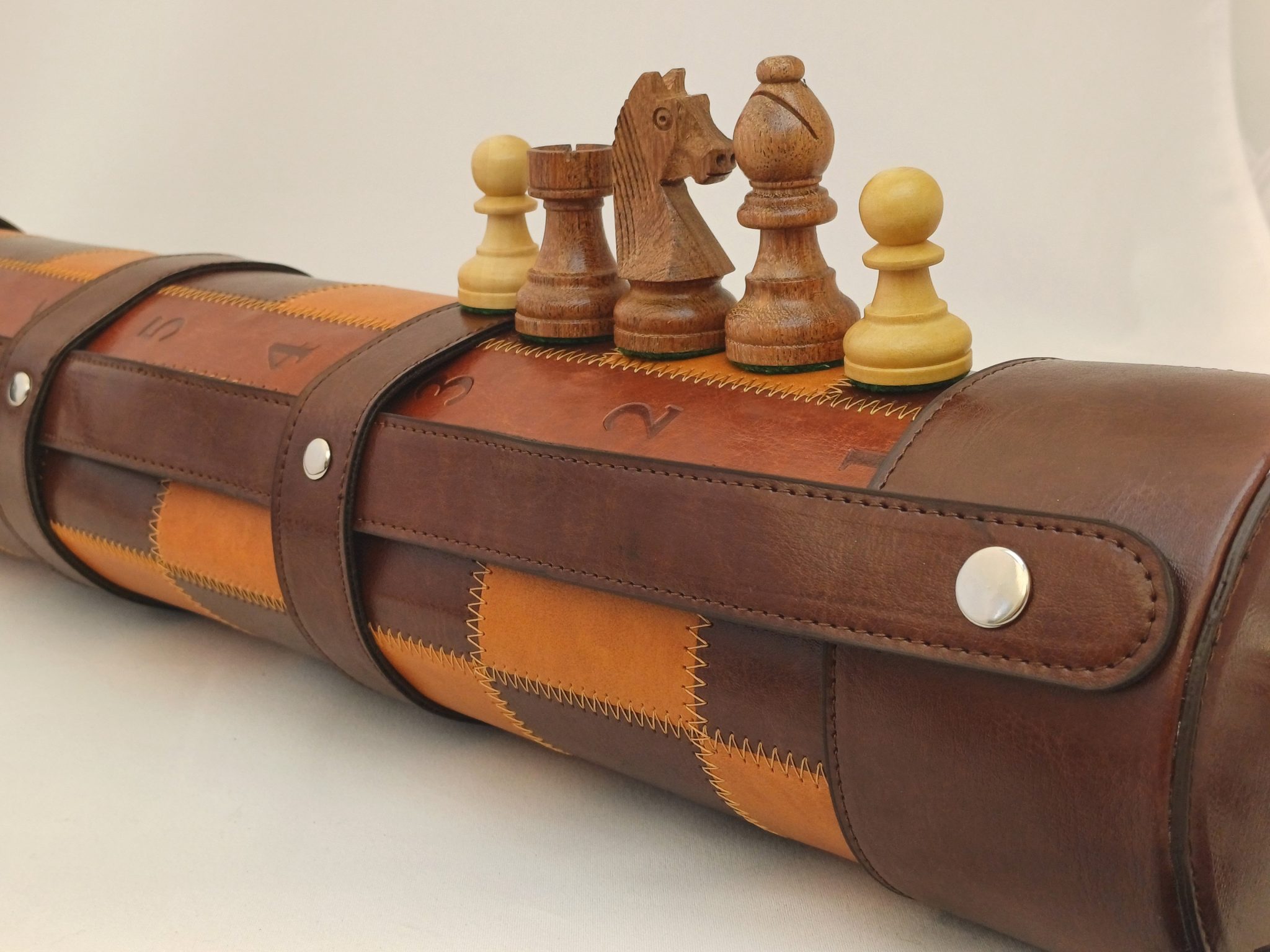 Thick Tan LEATHER Chess with Staunton Chess Pieces - ChessBaron Chess ...